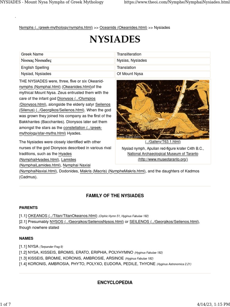 NYSIADES - Mount Nysa Nymphs of Greek Mythology | PDF | Dionysus ...