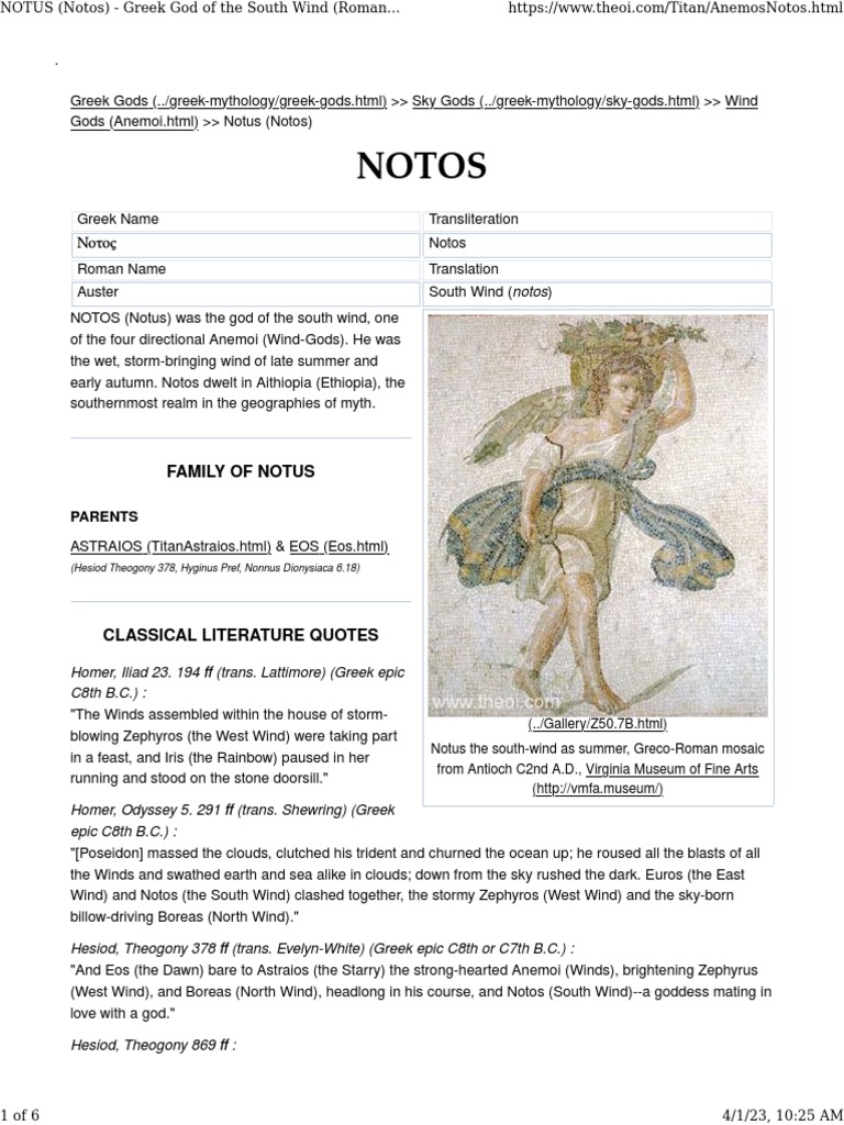 NOTUS (Notos) - Greek God of The South Wind (Roman Auster) | PDF