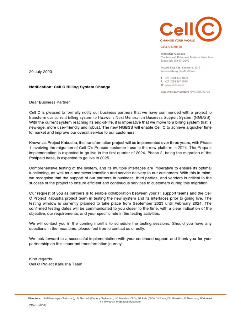 Notification of Cell C New Billing System - 20230803 | PDF