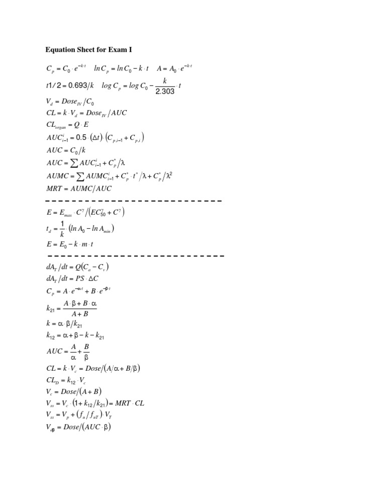 Exam I Equation Reference Sheet | PDF | Teaching Methods & Materials ...