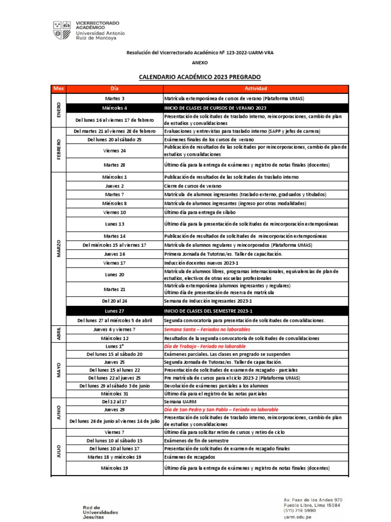 Resolucion 123 2022 UARM VRA Anexo Calendario Academico 2023 Pregrado | PDF