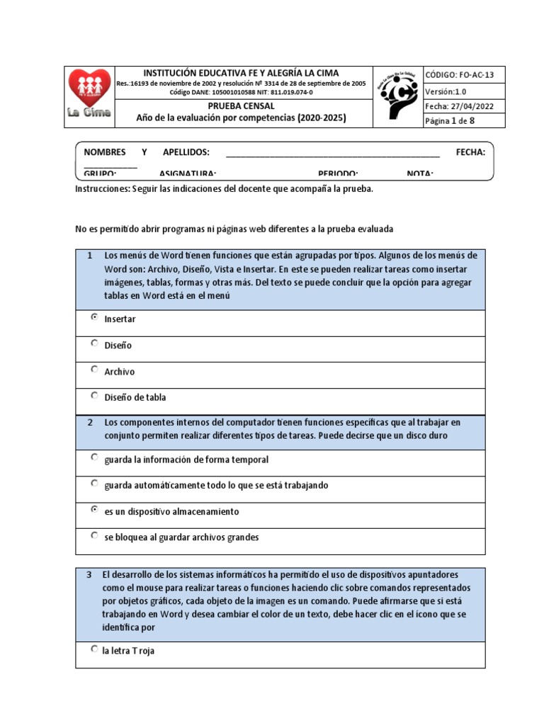 Prueba Censal TIC. Octavo | PDF | Microsoft PowerPoint | Microsoft Excel