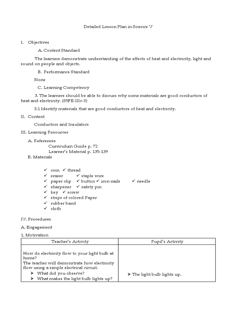 Conductors and Insulators Lesson Plan | PDF | Electric Current ...