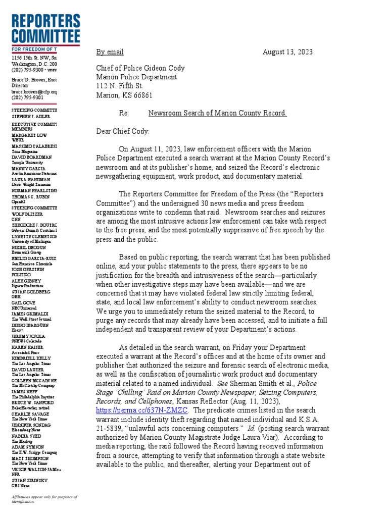 Reporters Committee For Freedom of The Press Letter | PDF | Search And ...