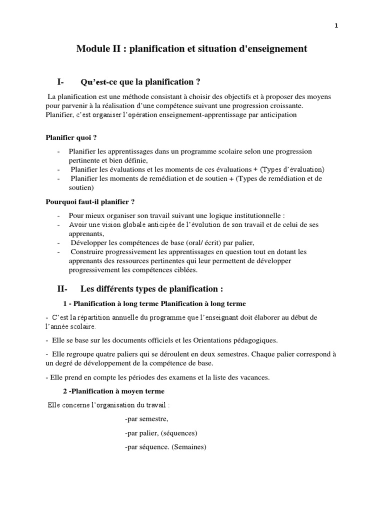 Planification pédagogique en enseignement | PDF | Planification ...