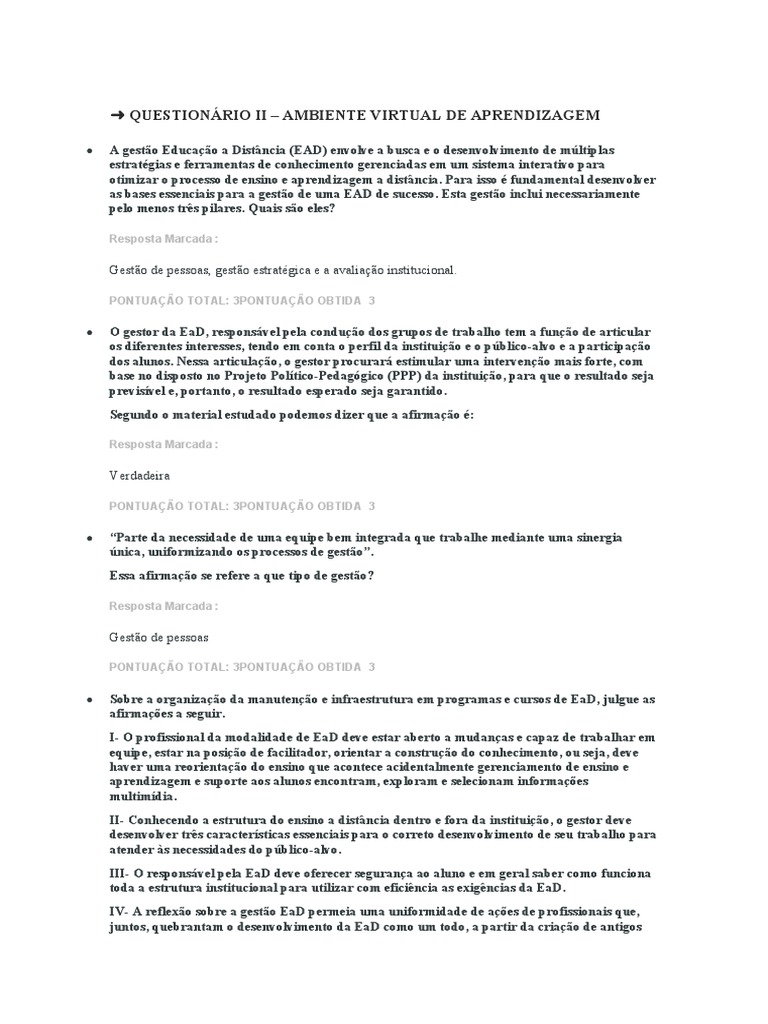 Questionário Ii - Ambiente Virtual de Aprendizagem | PDF
