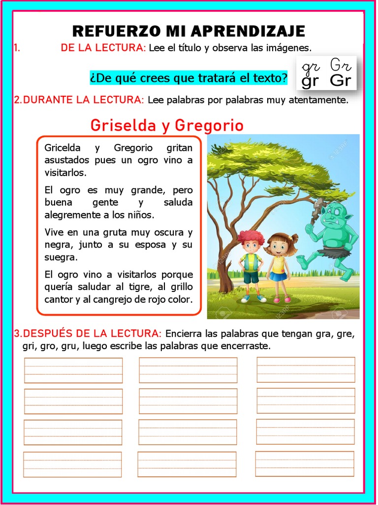 Cuento y actividades con gra, gre, gri, gro, gru | PDF