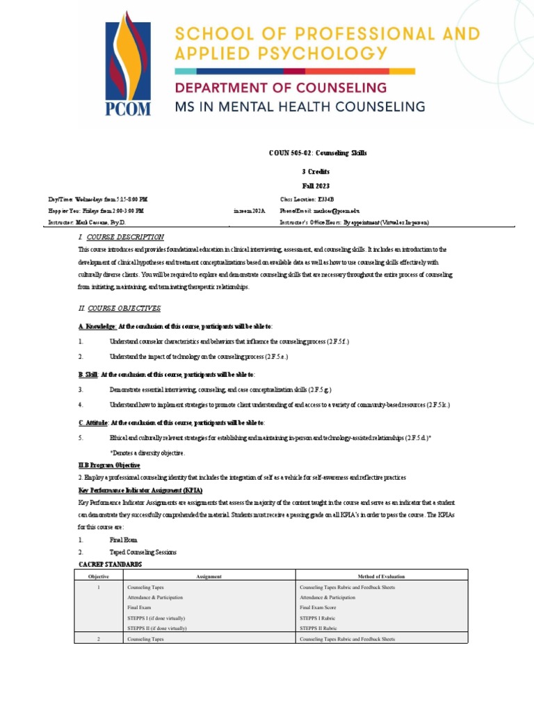 COUN 505-02 Counseling Skills Syllabus | Download Free PDF | Psychotherapy | Academic Dishonesty