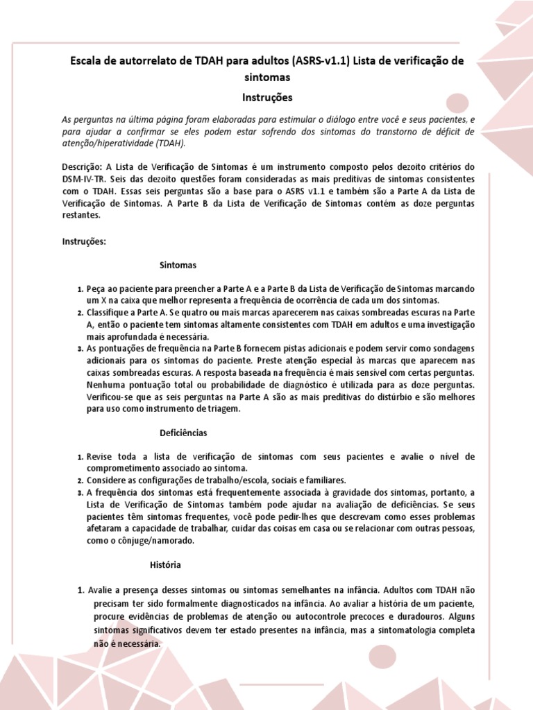 ESCALA DE AUTORRELATO DE TDAH PARA ADULTOS (ASRS-v1.1) | PDF