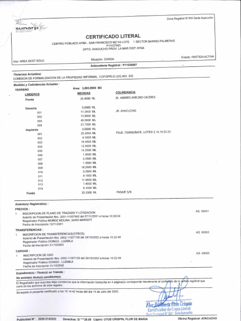 Certificado Literal - Partida Registral | PDF