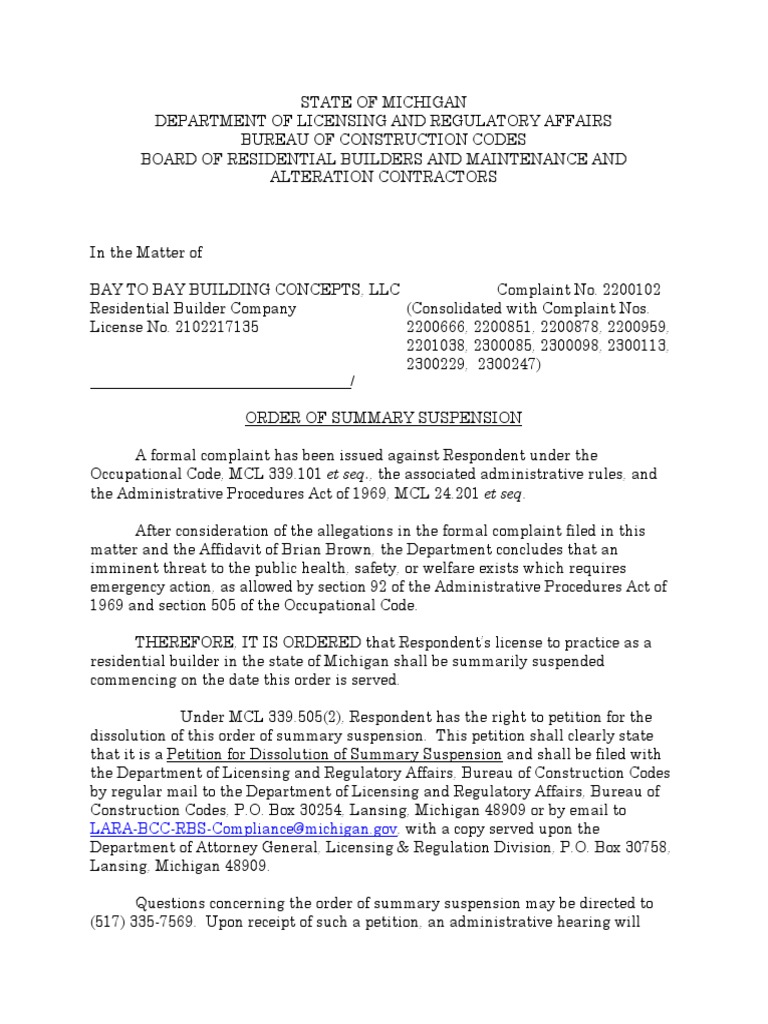 Bay To Bay Order of Summary Suspension and Complaint Packet | PDF | Affidavit | Complaint