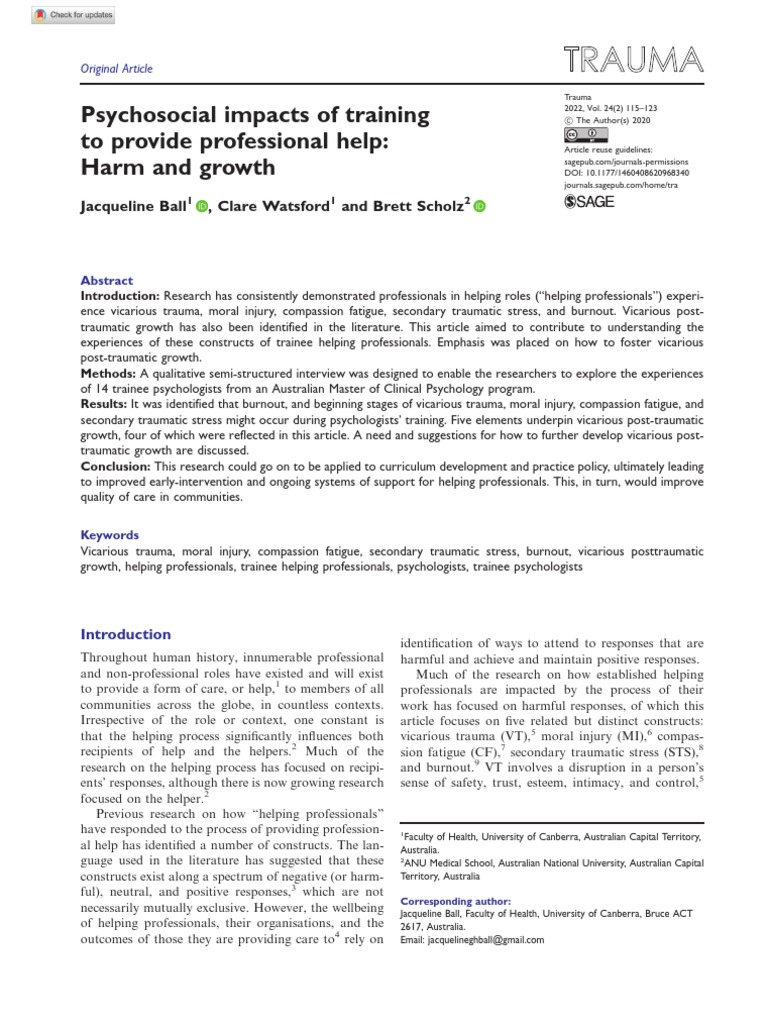 Ball Et Al 2020 Psychosocial Impacts of Training To Provide ...