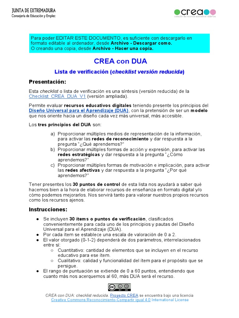 Checklist CREA DUA Version Reducida | PDF