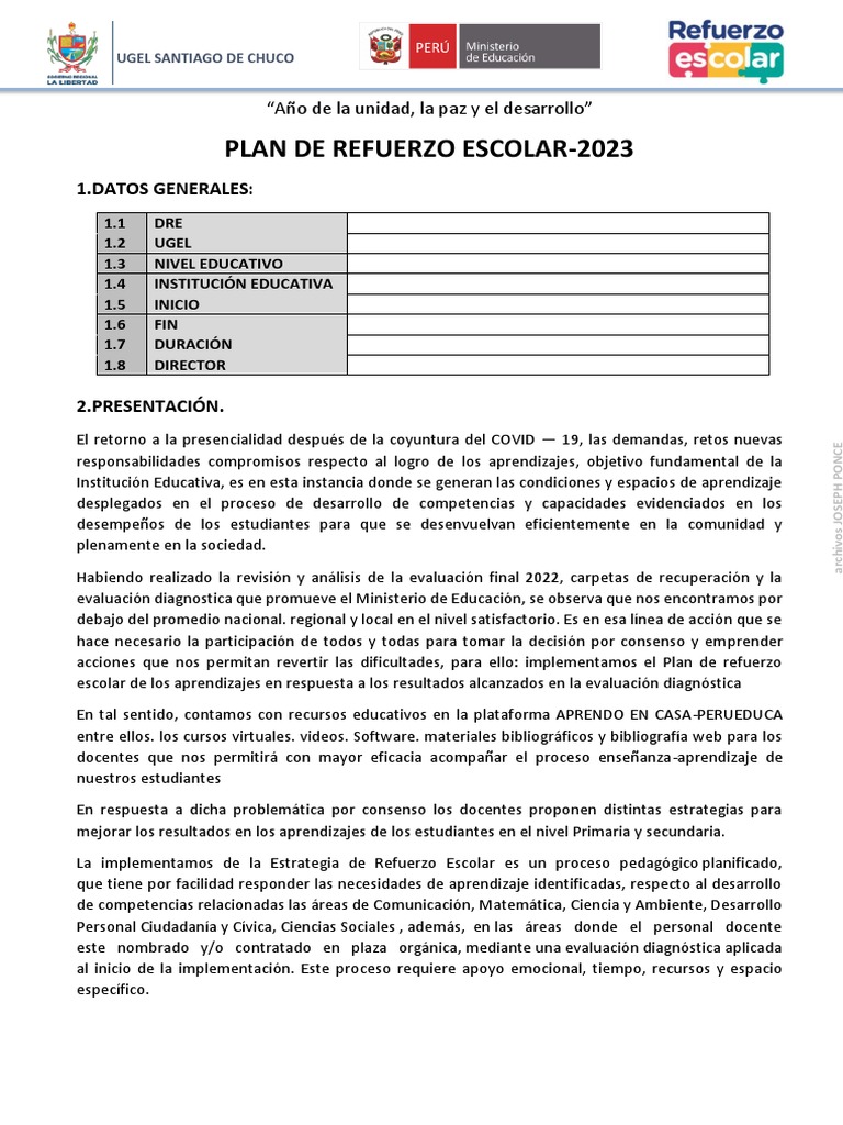 Plan de Refuerzo Escolar 2023 | PDF