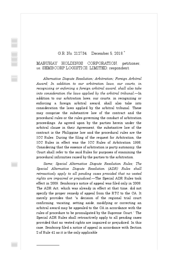 Mabuhay Holdings v. SEMBCORP | PDF Mabuhay Holdings v. SEMBCORP | PDF
