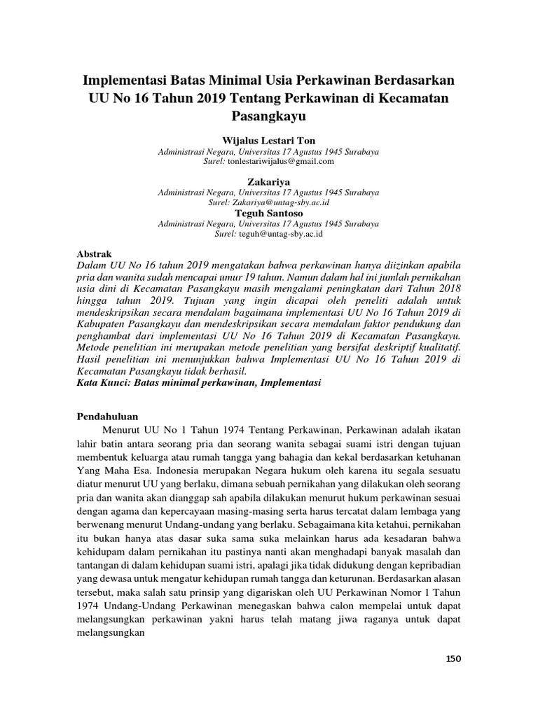 Implementasi Batas Minimal Usia Perkawinan Berdasarkan UU No 16 Tahun 2019 Tentang Perkawinan Di ...