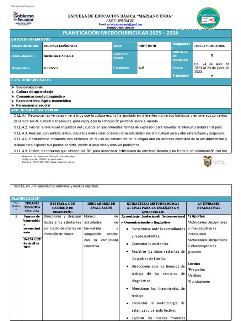 LL - 8vo - Planificación 9 Semanas | PDF | Evaluación | Aprendizaje
