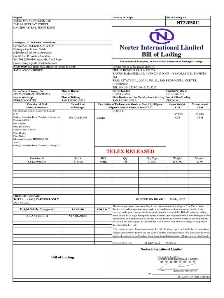 NT2205011 | PDF | Bill Of Lading | Cargo