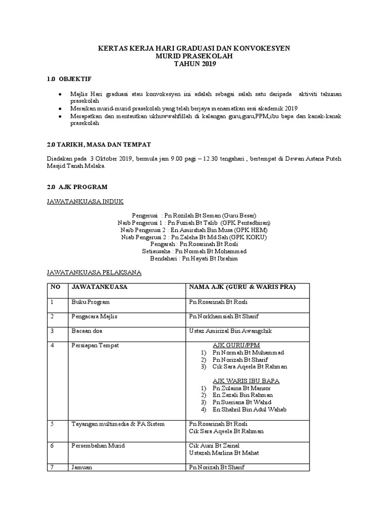 Kertas Kerja Hari Graduasi Dan Konvokesyen Prasekolah | PDF