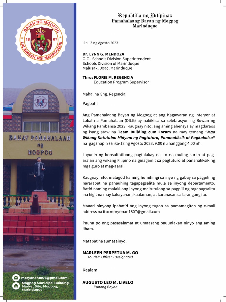Letter To Division Office Sample About Buwan NG Wika | PDF