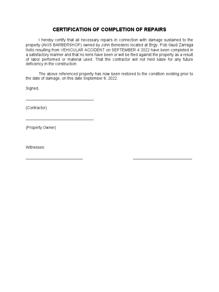 Certification of Completion of Repairs | PDF | Technology & Engineering