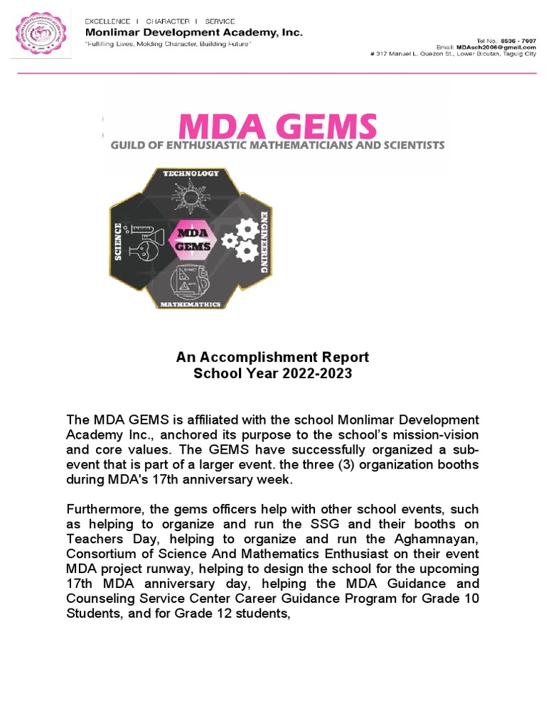 MDA GEMS Accomplishment Report 2022-23 | PDF