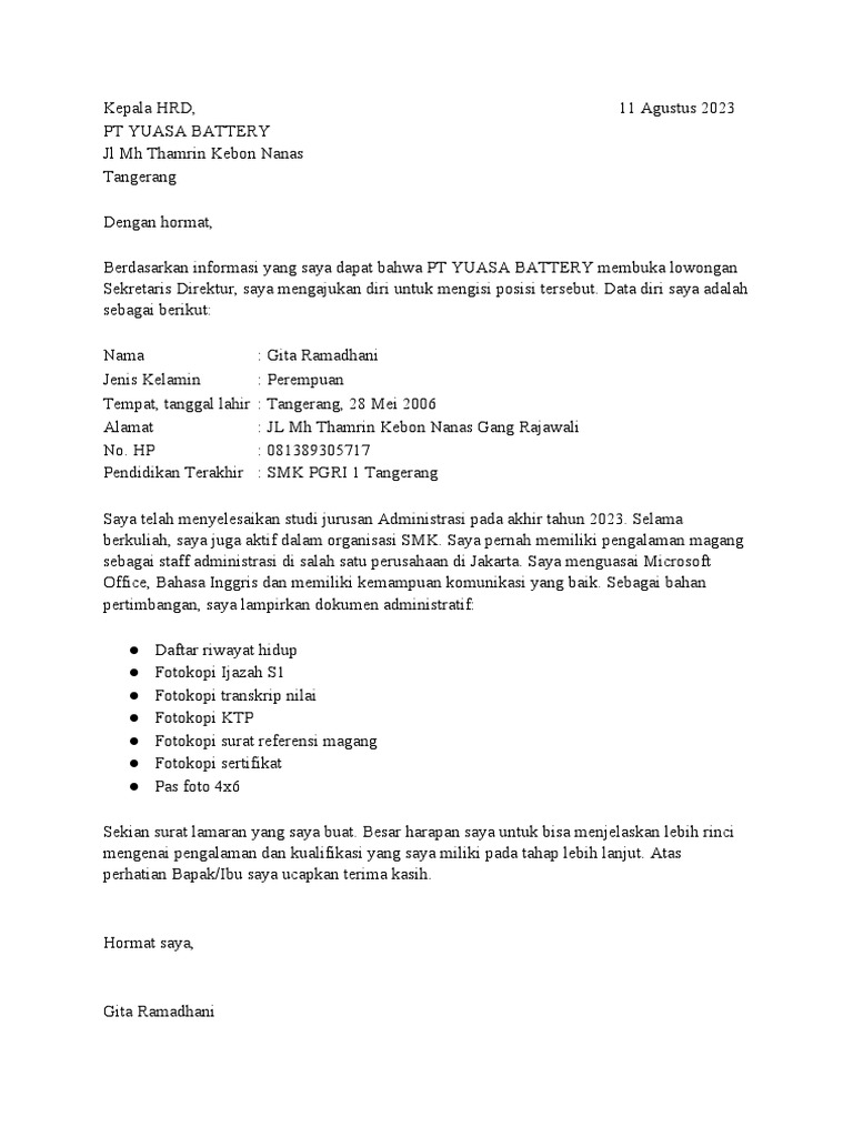 Surat Lamaran Kerja Sekretaris Direktur | PDF | Karier & Perkembangan