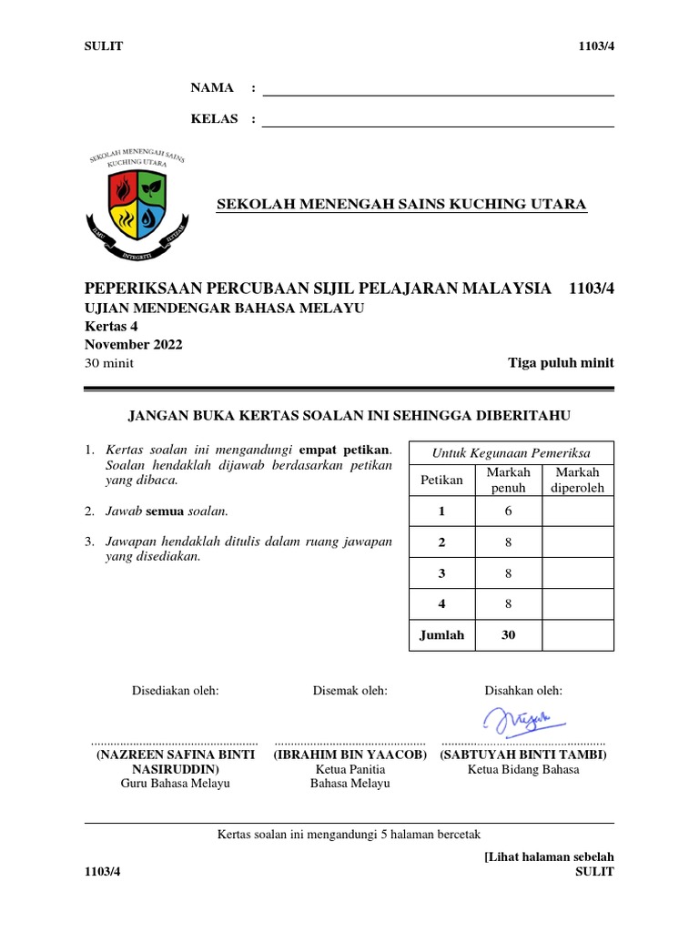 Bahasa Melayu Kertas 4 Ujian Mendengar Peperiksaan Percubaan SPM | PDF