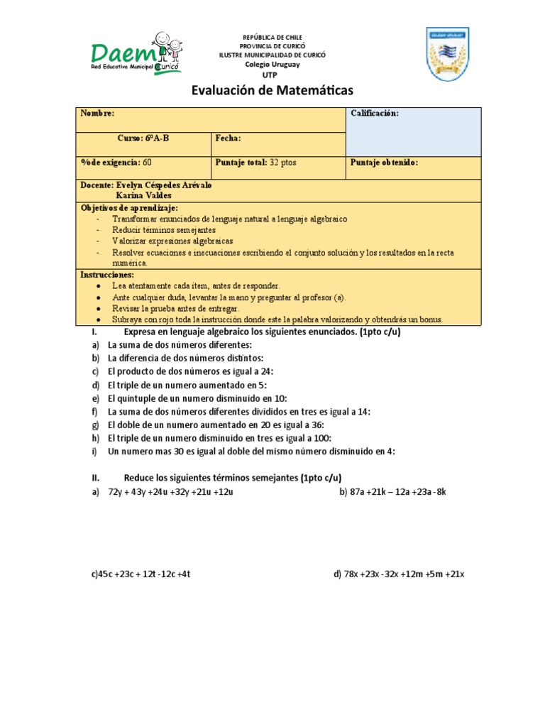 Prueba 6° Algebra | PDF | Matemáticas | Álgebra
