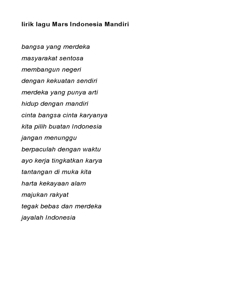Lirik Lagu Mars Indonesia Mandiri | PDF Lirik Lagu Mars Indonesia Mandiri | PDF