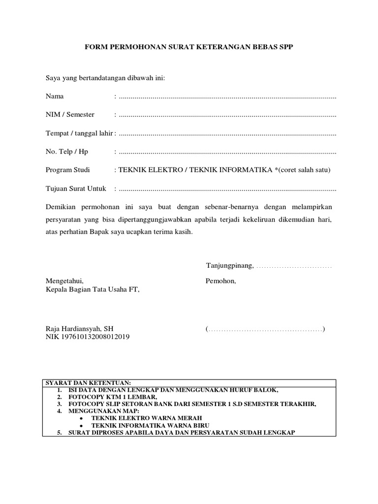 Formulir Bebas SPP Mahasiswa | PDF | Teknologi & Rekayasa