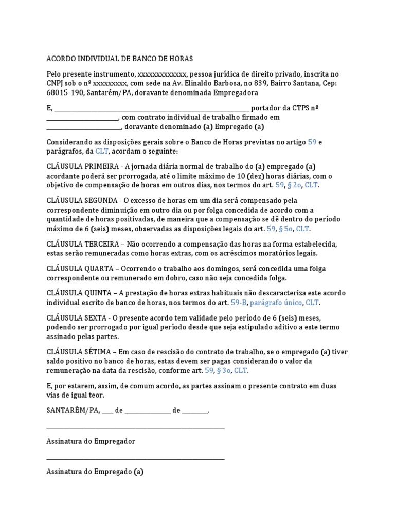 Modelo de Acordo Individual de Banco de Horas | PDF
