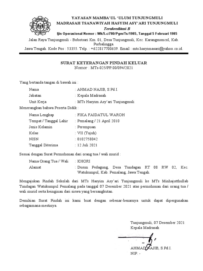 SK Pindah Keluar Fika Faidatul Waroh 07122021 | PDF