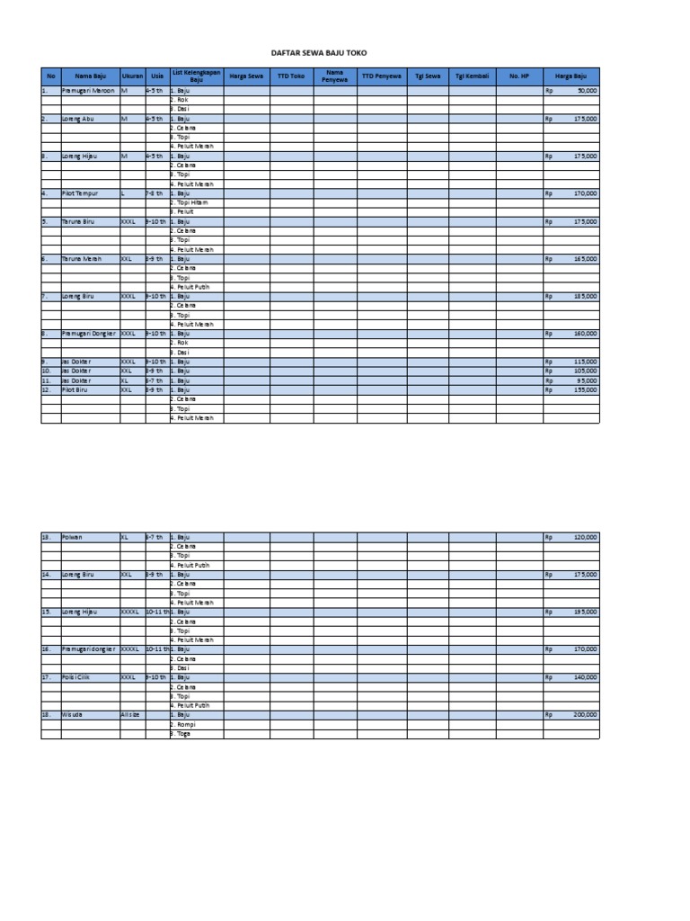 Form Sewa Baju | PDF