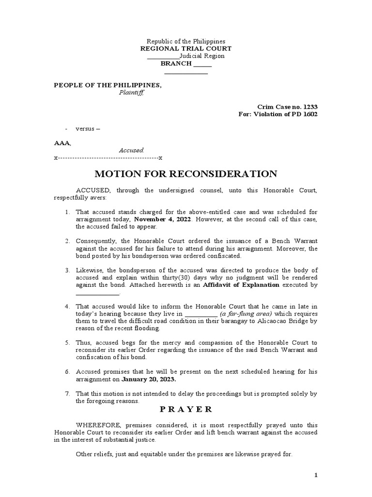 Motion to Reconsider Bench Warrant | PDF