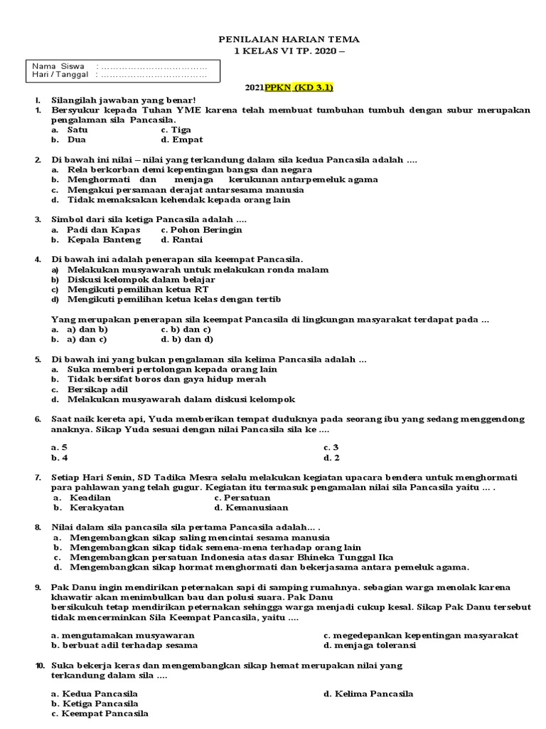 Penilaian Harian Tema 1 Kelas Vi TP | PDF