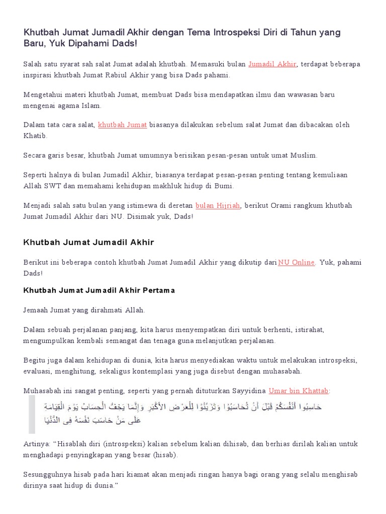 Khutbah Jumat Jumadil Akhir Dengan Tema Introspeksi Diri Di Tahun Yang Baru | PDF
