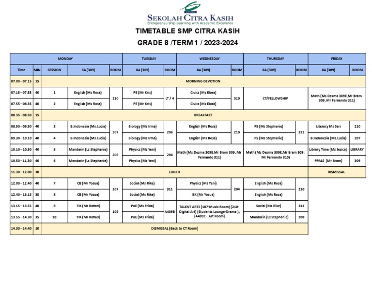 SMP Timetable 23 - 24 - 8a | PDF