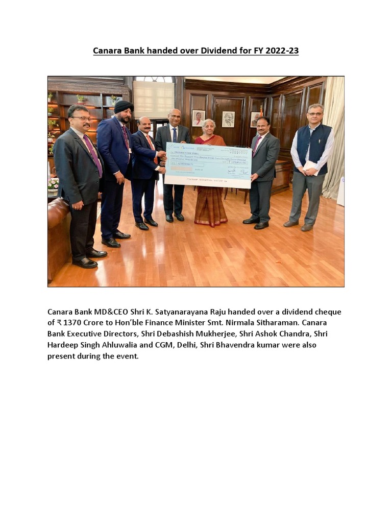 Canara Bank Dividend Handover 2022-23 | PDF | Finance & Money Management