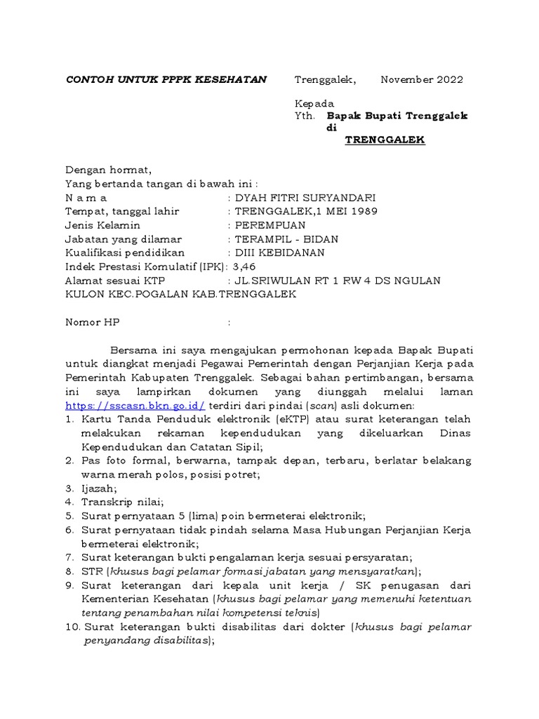 Contoh Surat Permohonan PPPK Trenggalek | PDF