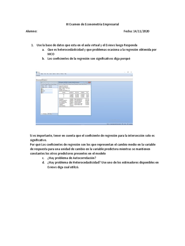 III Examen de Econometría Empresarial-1 | PDF