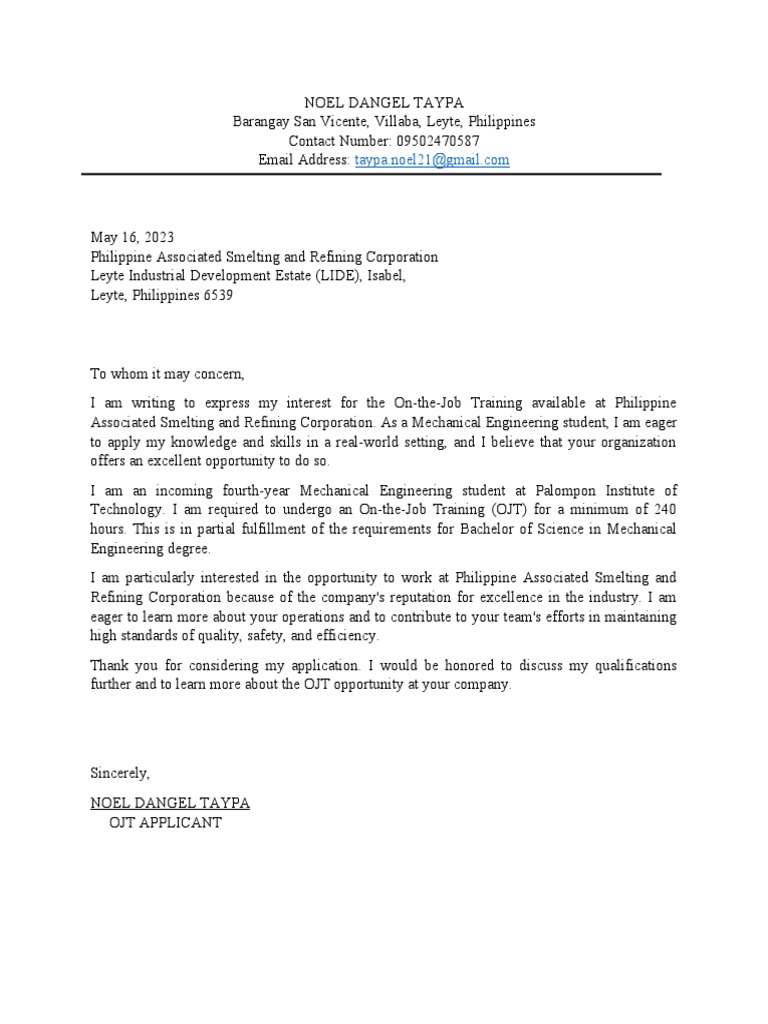 OJT Application for Mechanical Engineering | PDF