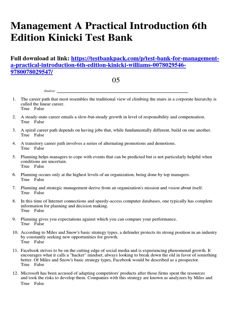 Management A Practical Introduction 6th Edition Kinicki Test Bank 1 ...