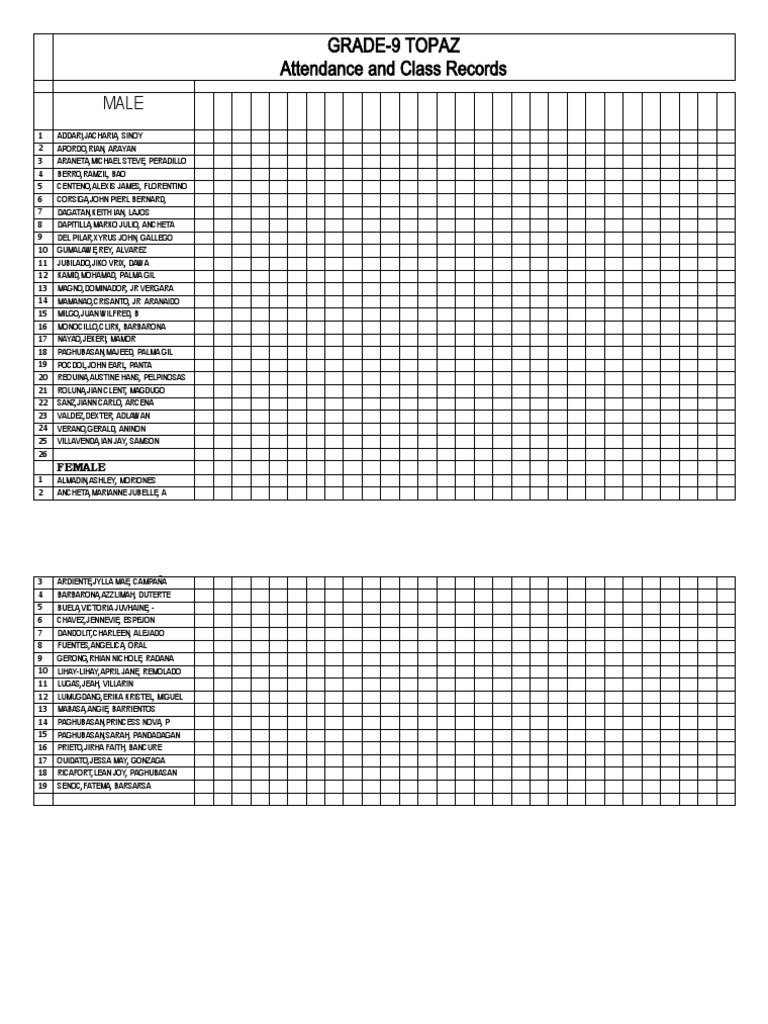 ATTENDANCE AND CLASS RECORD Sample | PDF