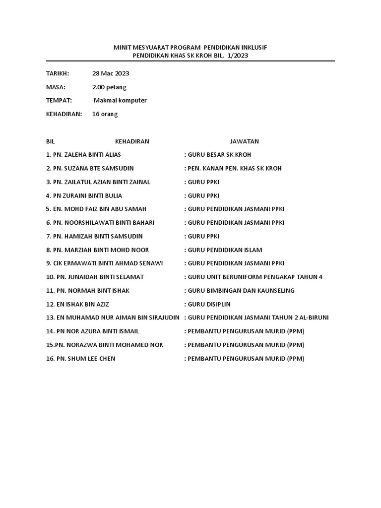 Minit Mesyuarat Program Insklusif Pendidikan Khas | PDF