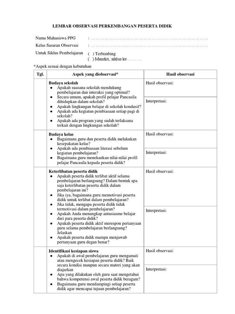 Lembar Observasi Perkembangan Peserta Didik | PDF