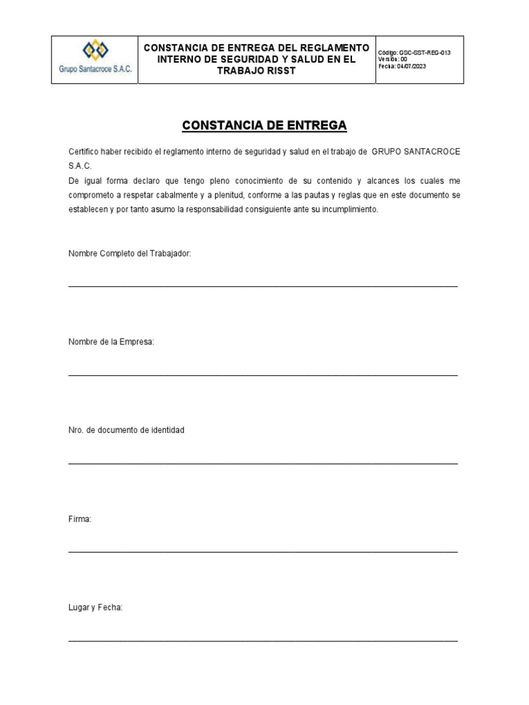 GSC-SST-FT-013, Constancia de Entrega RISST | PDF