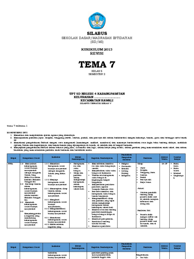 Silabus K13 Kelas 5 Tema 7 | PDF