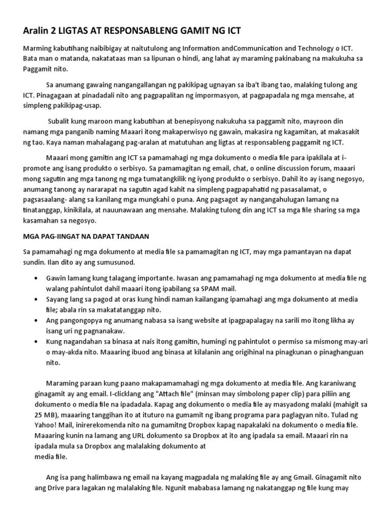 Aralin 2 Ligtas at Responsableng Gamit NG Ict | PDF