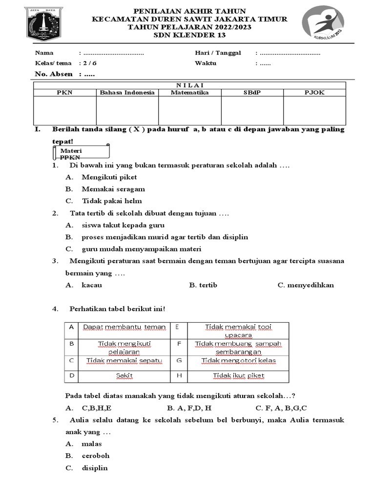Soal Pat Tema 6 Kelas 2 | PDF